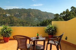 Um terraço com mesa, cadeiras, plantas em vasos e uma garrafa de vinho.