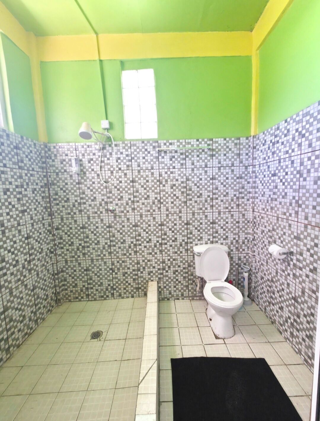 Uma casa de banho com chuveiro em azulejo, sanita e janela.