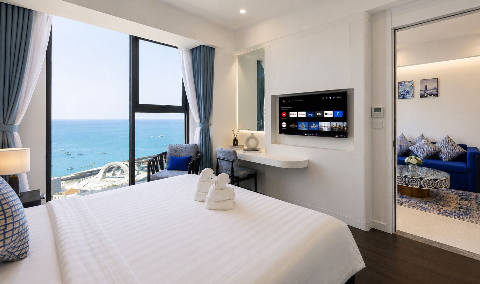 Suíte executiva, 3 quartos, sacada, vista para a praia | Roupas de cama premium
