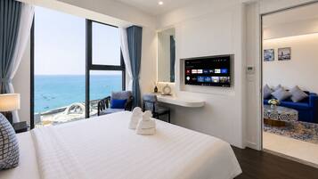 Suíte executiva, 3 quartos, sacada, vista para a praia | Roupas de cama premium