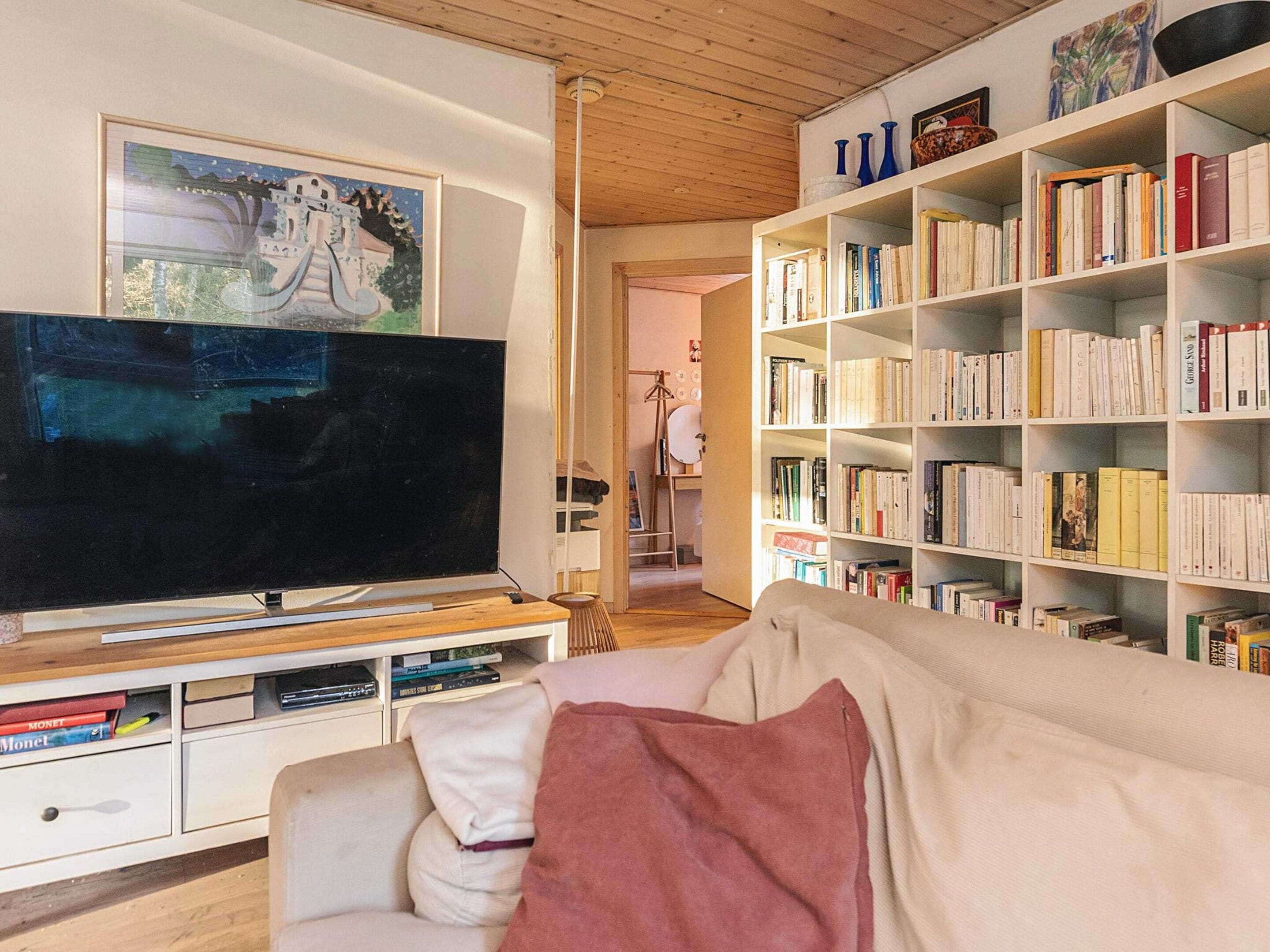 Sala de estar com televisão, estantes e sofá.