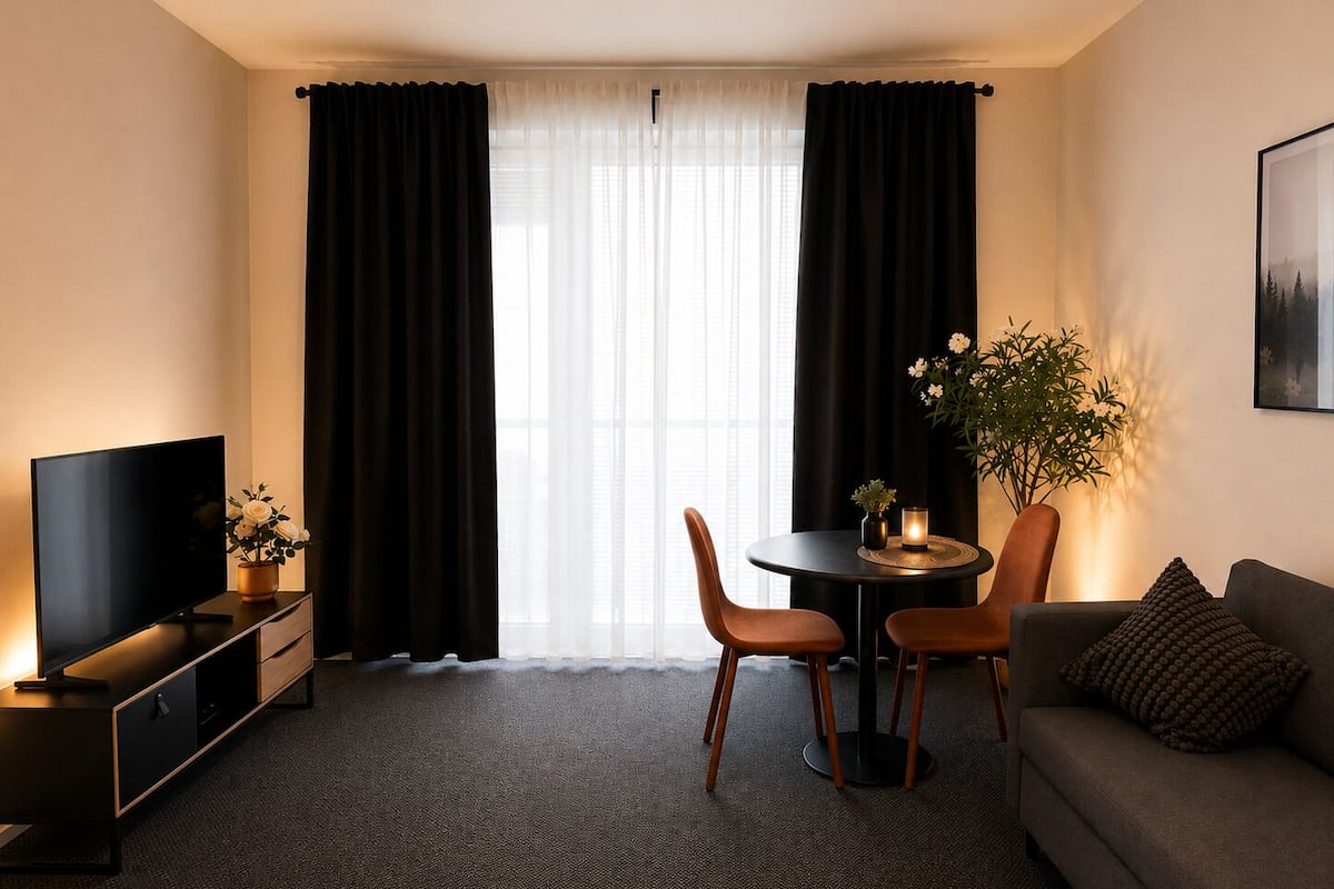 Quarto de hotel moderno com televisão de tela plana, sofá, mesa de jantar com cadeiras e uma janela grande com cortinas translúcidas.