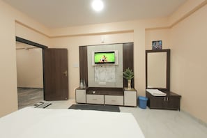 Quarto com cama, televisão, espelho, armário e planta.