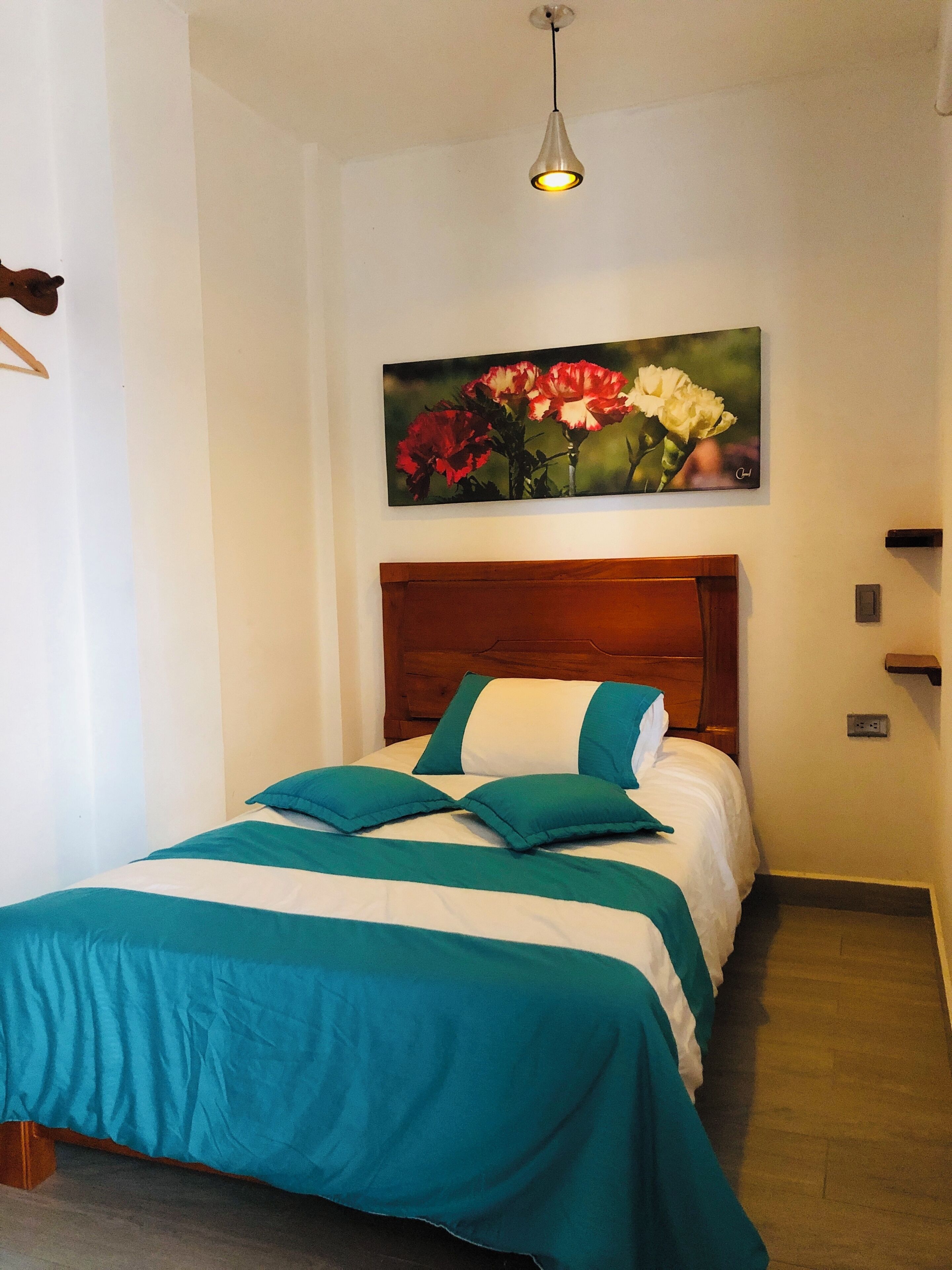 Quarto com cama, cabeceira de madeira, pintura de flores e luminária pendente.
