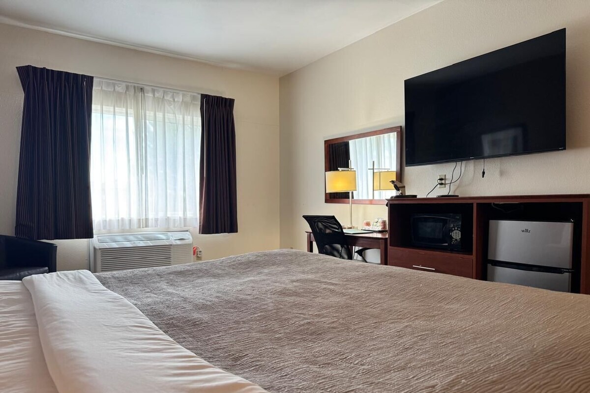 Quarto de hotel com uma cama grande, uma escrivaninha com cadeira, televisão de tela plana e micro-ondas.
