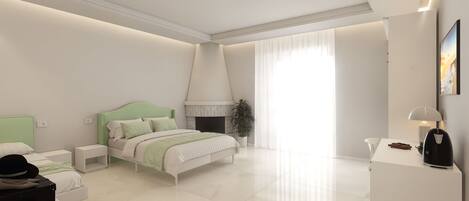 Quarto moderno com cama, mesas de cabeceira, luminária e lareira.