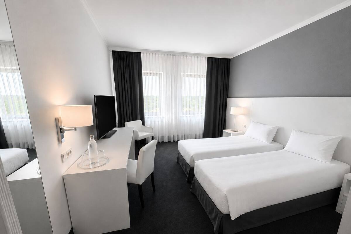 Quarto de hotel com cama, duas mesas de cabeceira, escrivaninha com cadeira, televisão e janela com cortinas.