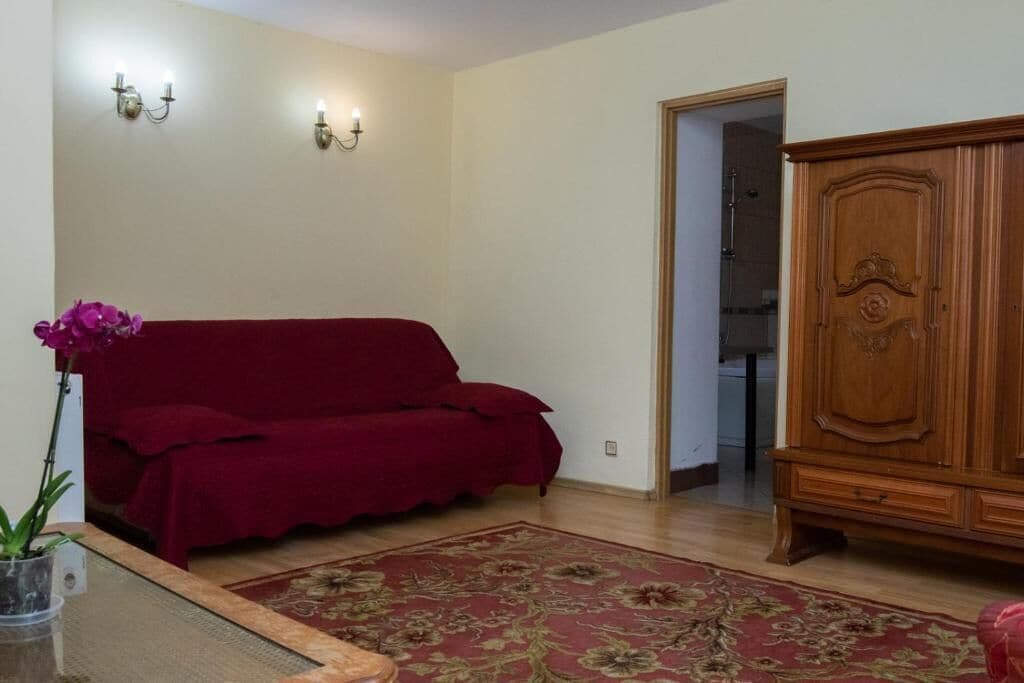 Quarto com um sofá vermelho, um armário de madeira, um tapete floral e uma planta em vaso.