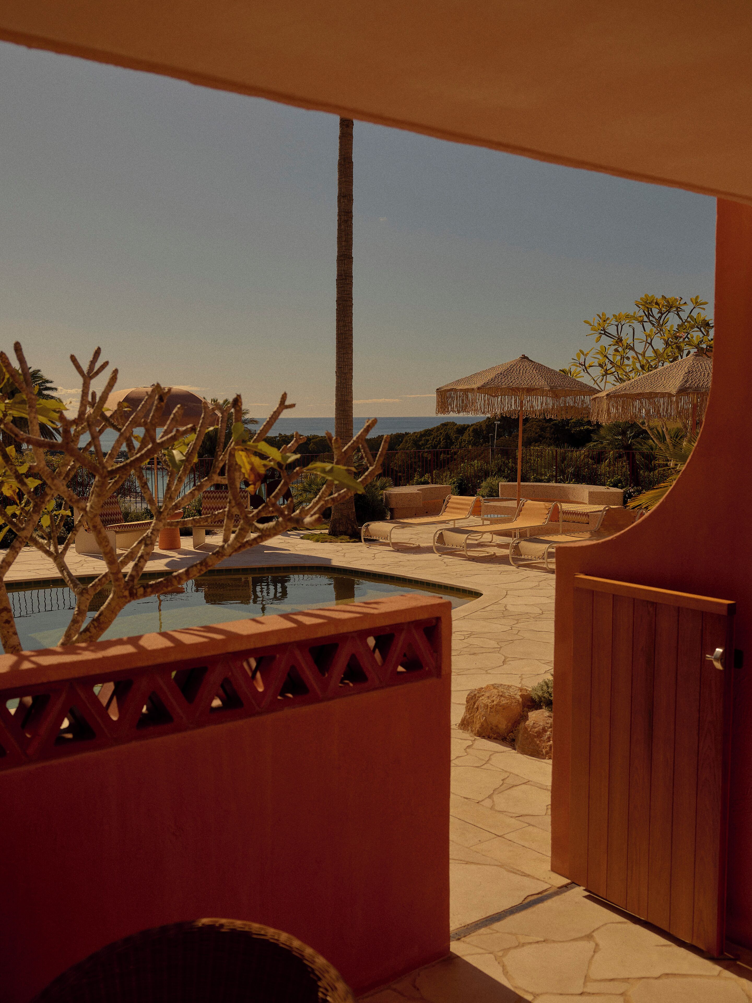 Área da piscina com espreguiçadeiras, uma palmeira e vista para o oceano.