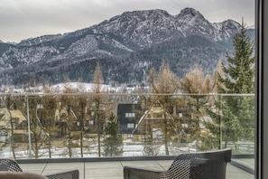 Uma varanda com vista para montanhas cobertas de neve e uma área residencial.
