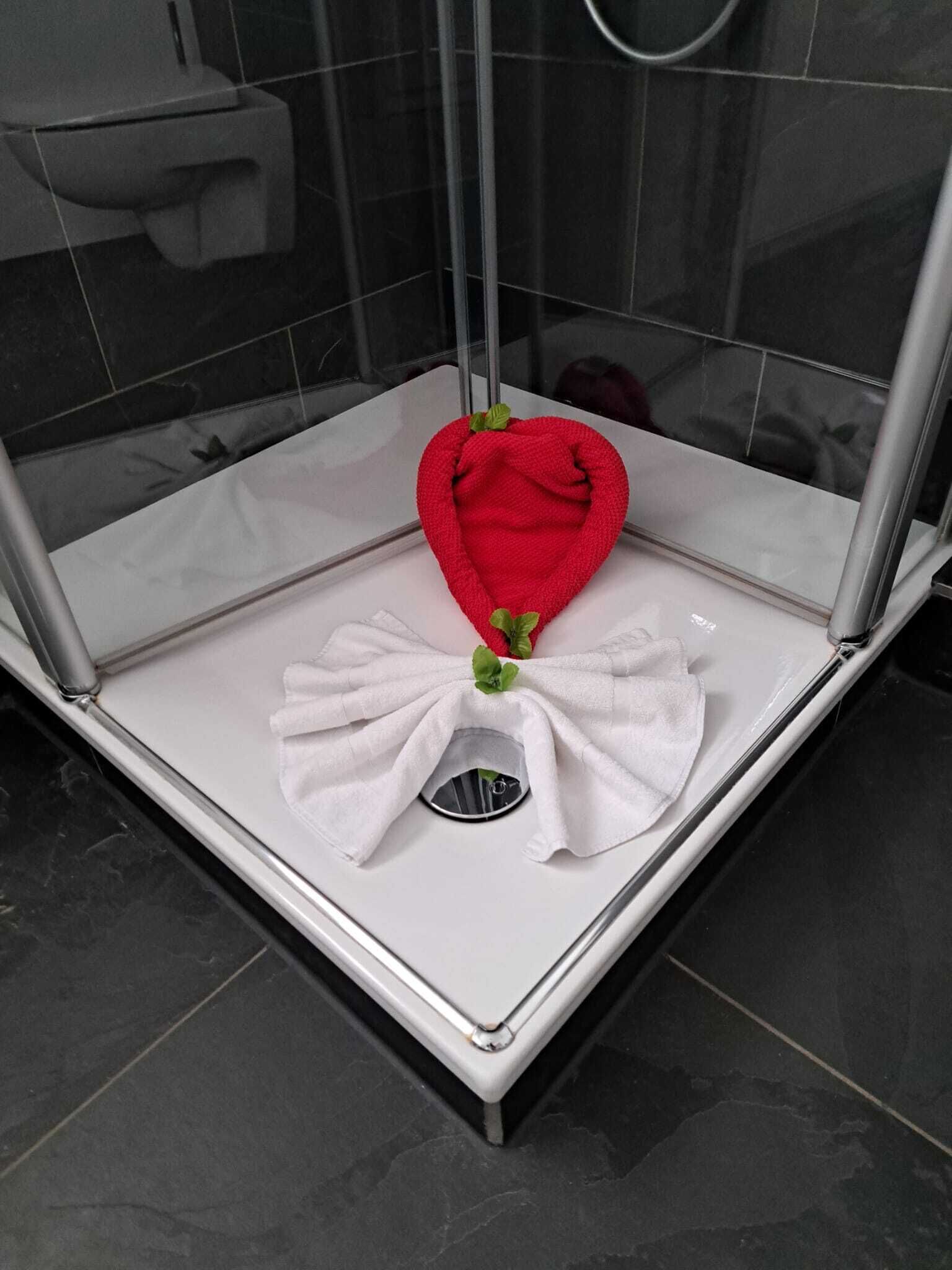 Área de chuveiro com piso de azulejos brancos, box de vidro e toalha em formato de coração vermelho com folha verde.