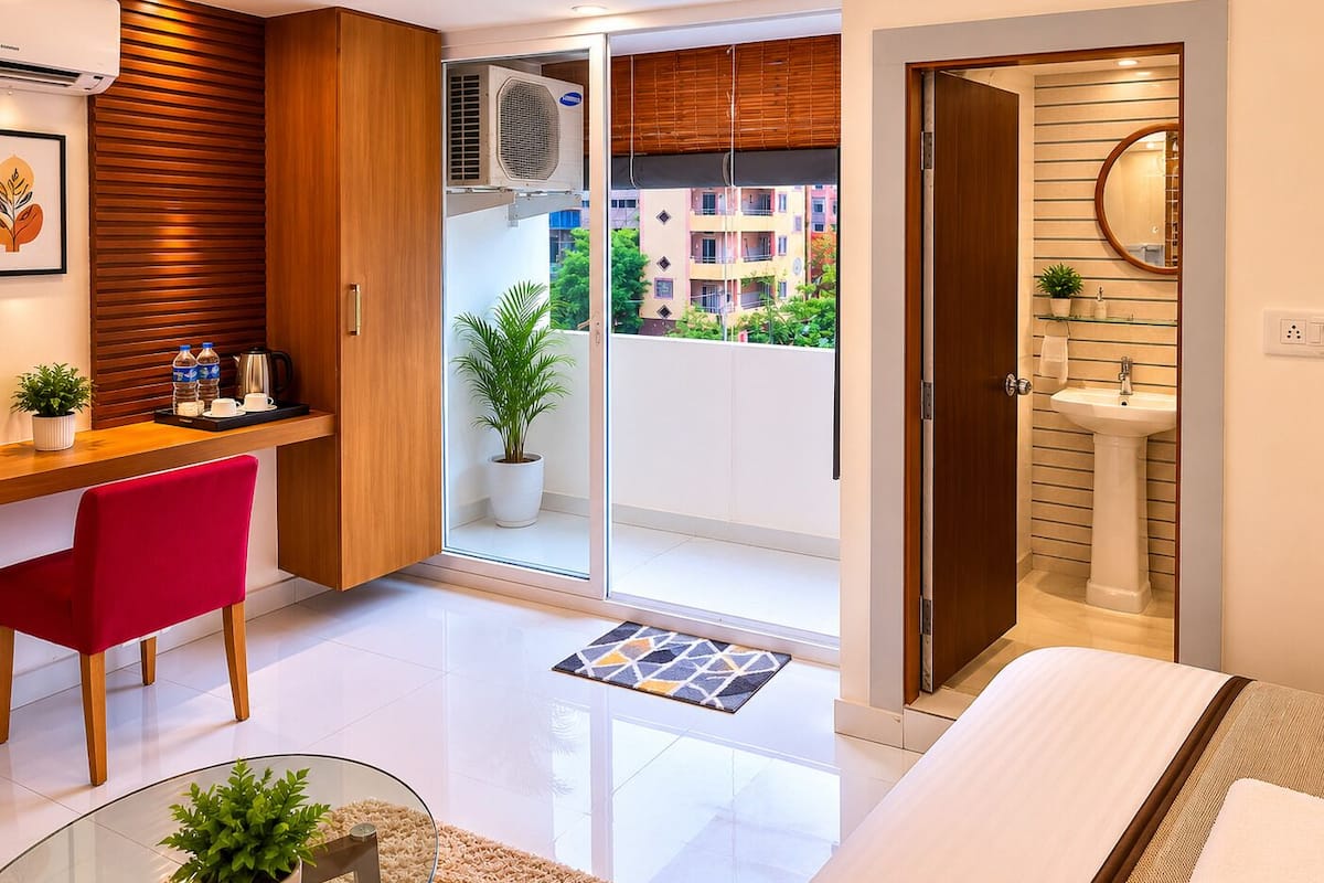 Quarto de hotel moderno com varanda, escrivaninha com cadeira, cama, banheiro com pia e um vaso de planta.