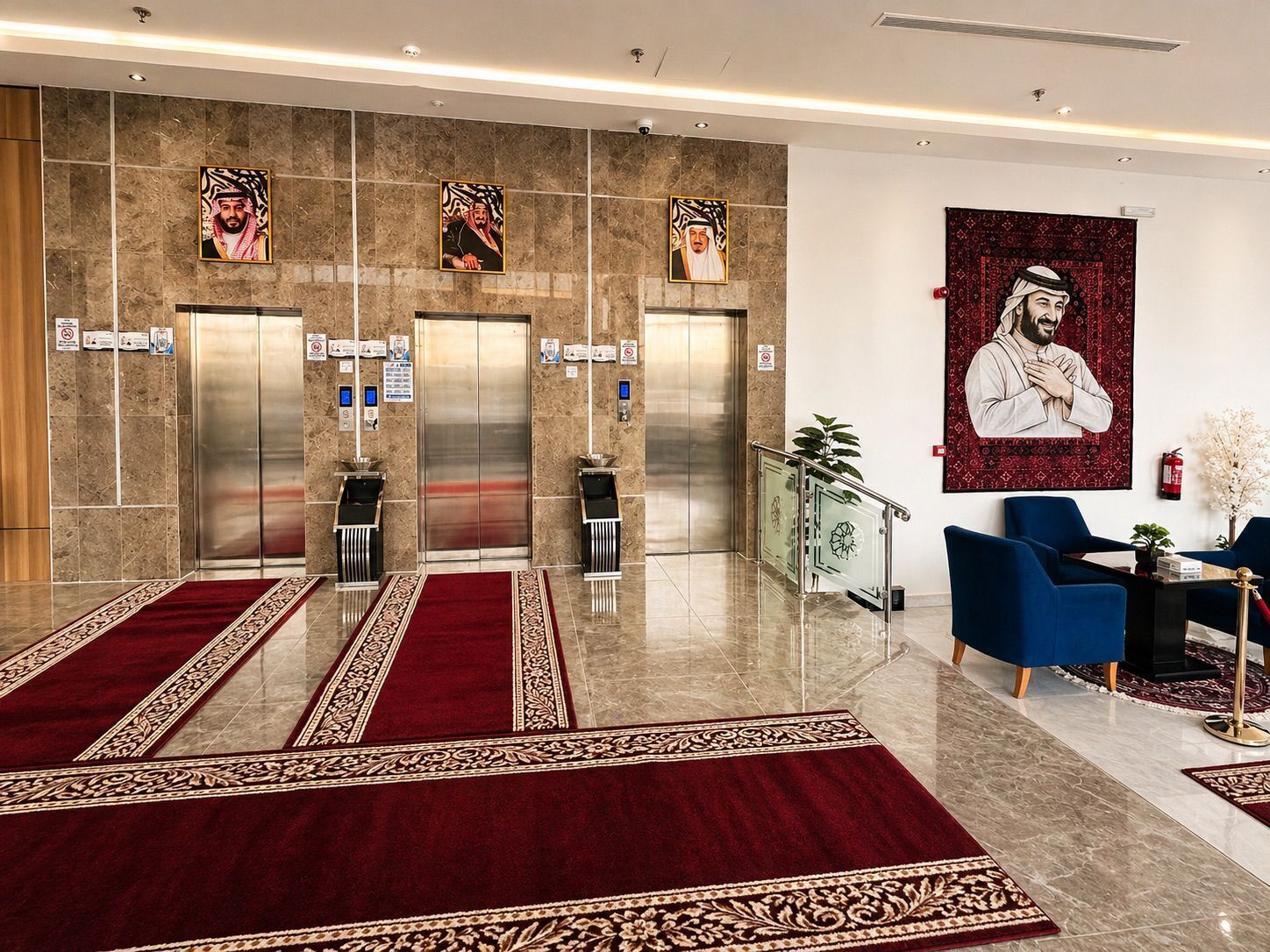Um lobby com três elevadores, um tapete vermelho e um retrato grande na parede.