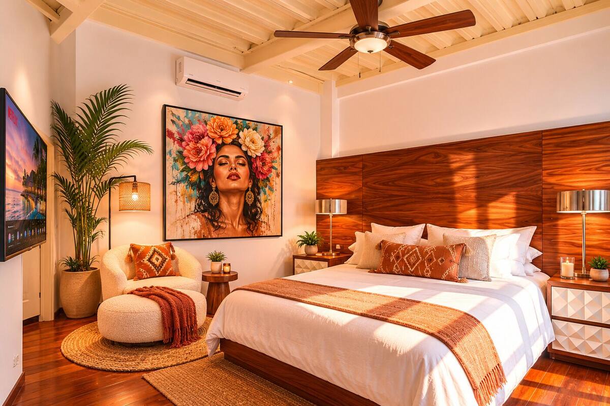 Quarto com cabeceira de madeira, cama grande com roupa de cama branca, ventilador de teto, planta em vaso e um quadro na parede.