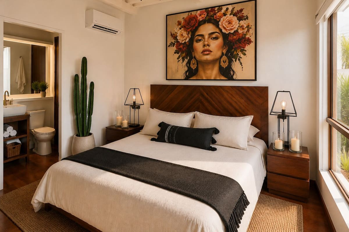 Um quarto com cama, ventilador de teto, mesa de cabeceira com abajur, um cacto em vaso e um grande quadro floral na parede.