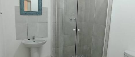 Uma casa de banho com chuveiro envolto em vidro, lavatório assentado e sanita.