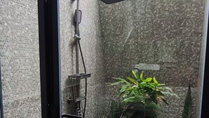 Área de chuveiro com paredes revestidas de azulejos, chuveiro de teto e plantas em vasos.