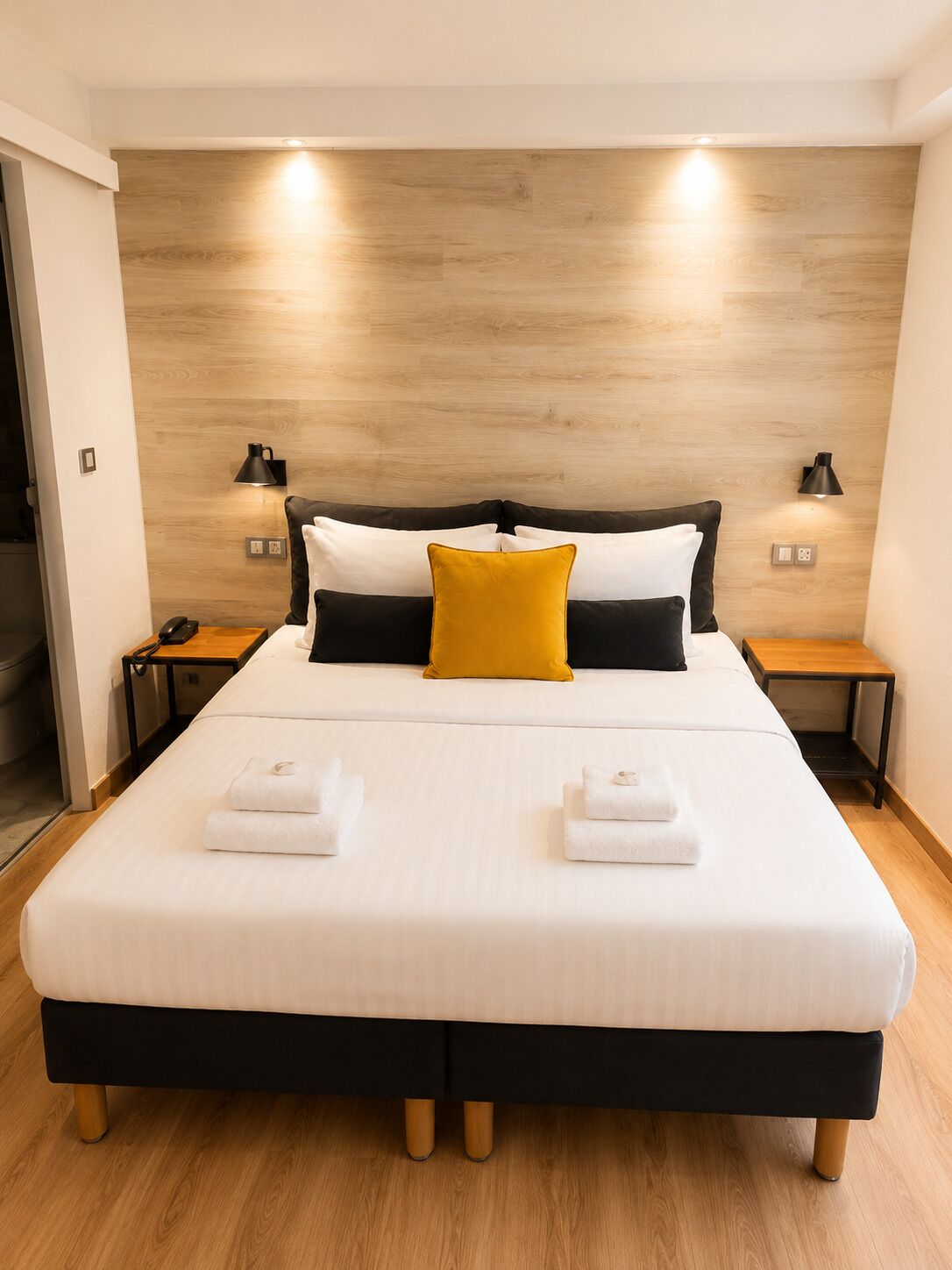 Cama bem arrumada com duas almofadas, mesa de cabeceira, abajur e luminária na parede.
