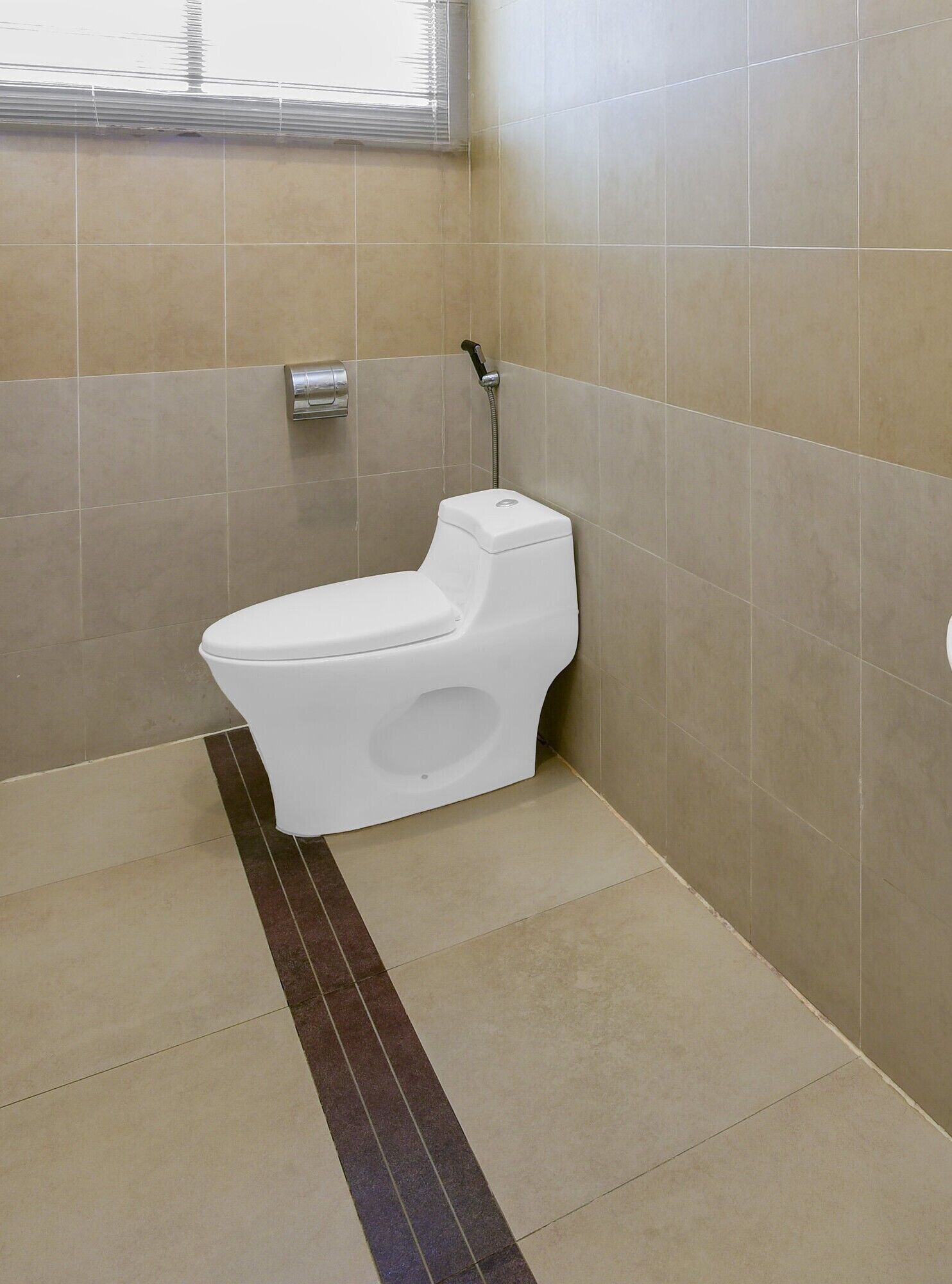 Casa de banho com sanita branca, chuveiro e suporte para papel higiénico.