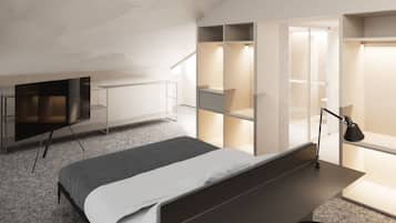 Quarto moderno com cama, TV, espaço de armazenamento embutido e escrivaninha.