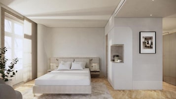Quarto moderno com cama, mesas de cabeceira, um criado-mudo, quadro emoldurado e estante embutida.