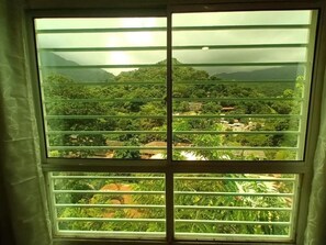 Janela com persianas horizontais, mostrando uma paisagem verde exuberante com colinas e edifícios.