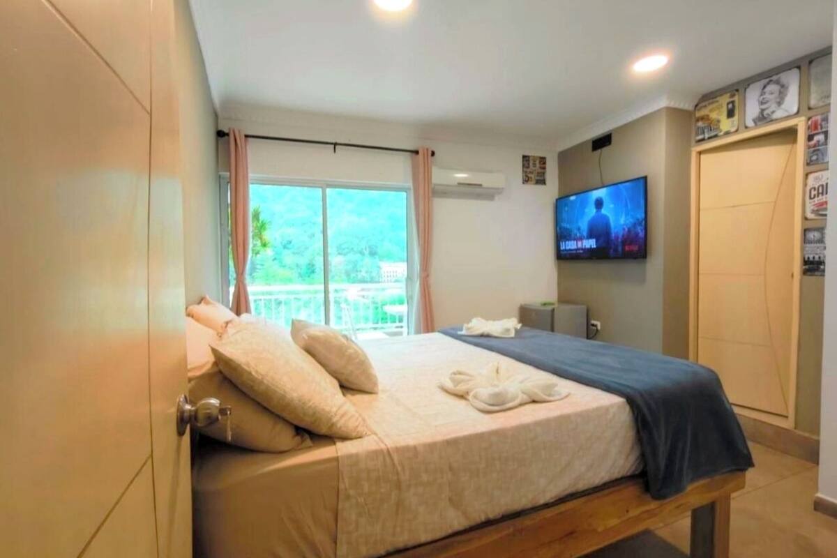 Quarto de hotel com cama, televisão, janela e porta.