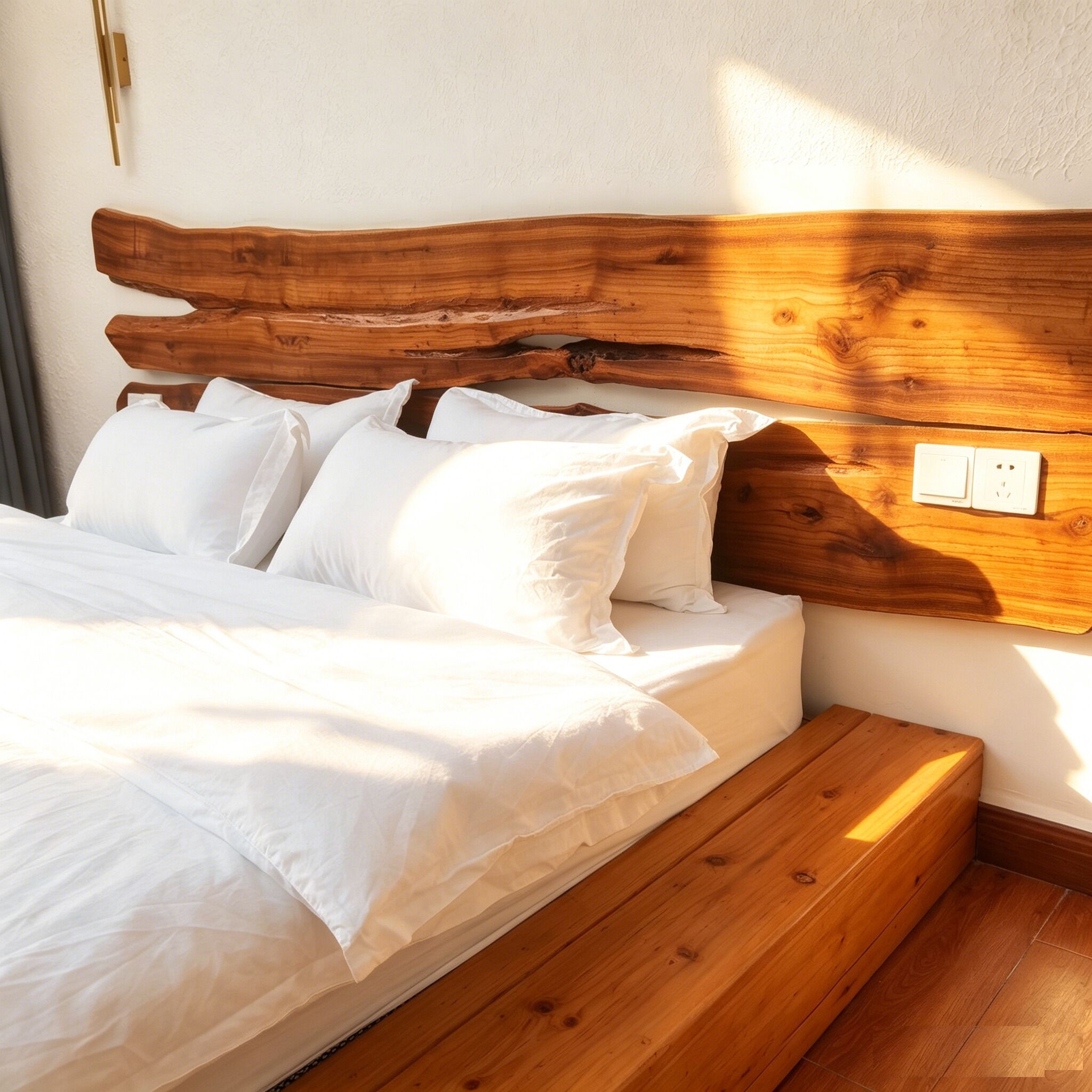 Cama com cabeceira de madeira, roupa de cama branca e tomada na parede.