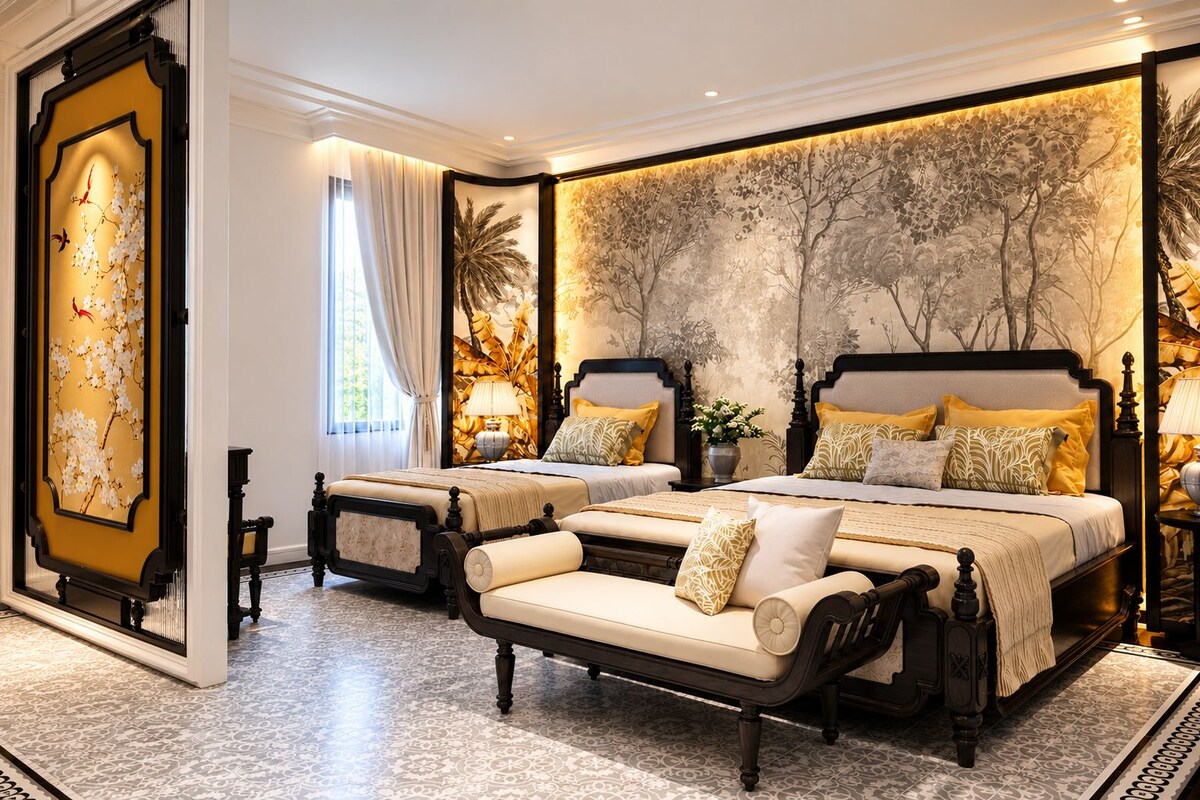 Quarto com uma cama grande, duas mesas de cabeceira, um sofá e uma parede decorativa.