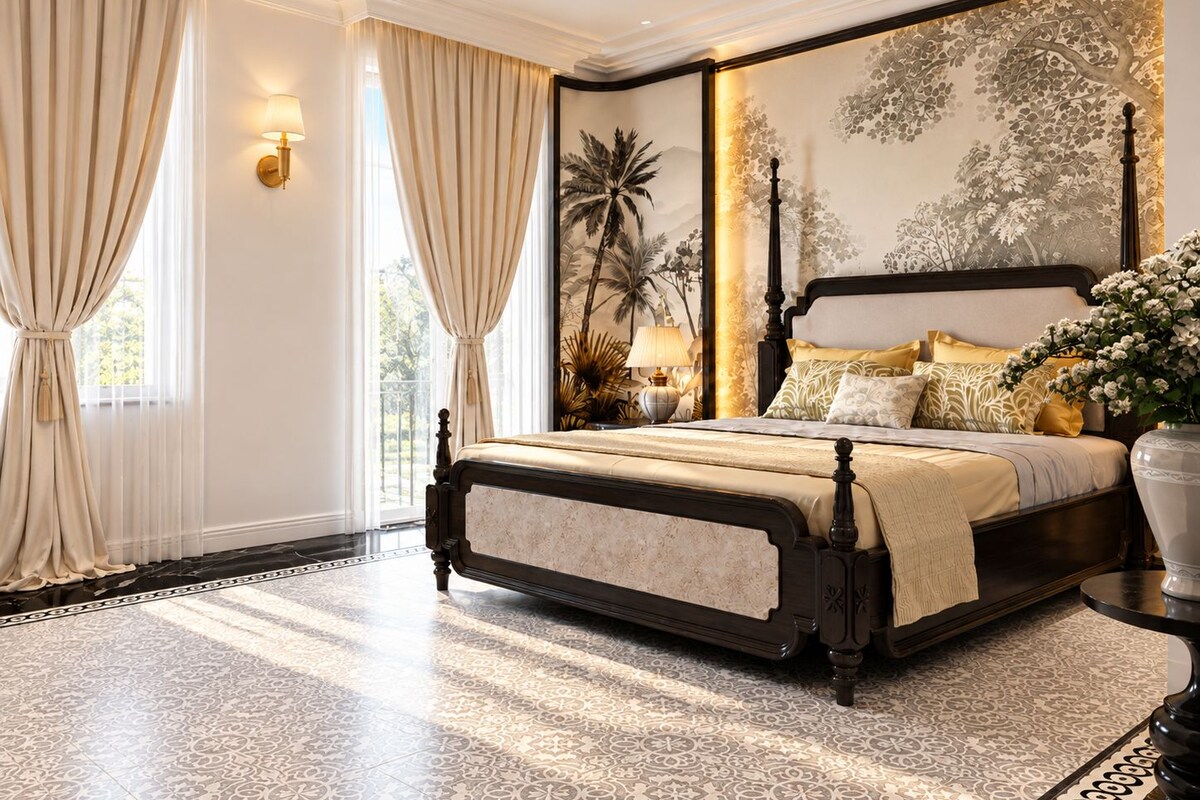 Quarto com cama de dossel, janela grande com cortinas, luminária na parede e planta decorativa.