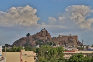 Uma grande formação rochosa com um edifício no topo, cercada por árvores e prédios.