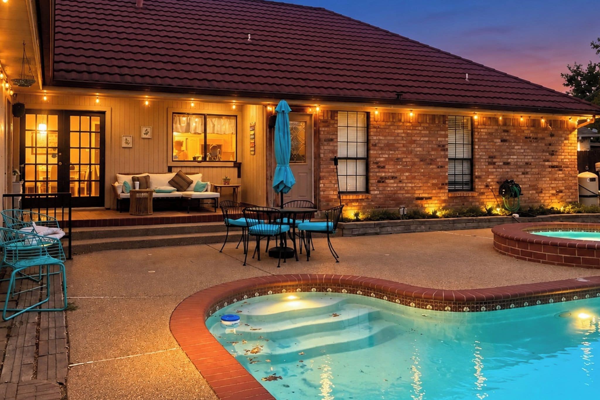 Um imóvel residencial com piscina, área de estar externa e fachada de tijolos.