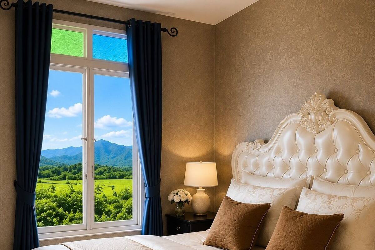 Quarto com uma cama grande, uma mesa de cabeceira com abajur e vista para uma paisagem verde pela janela.