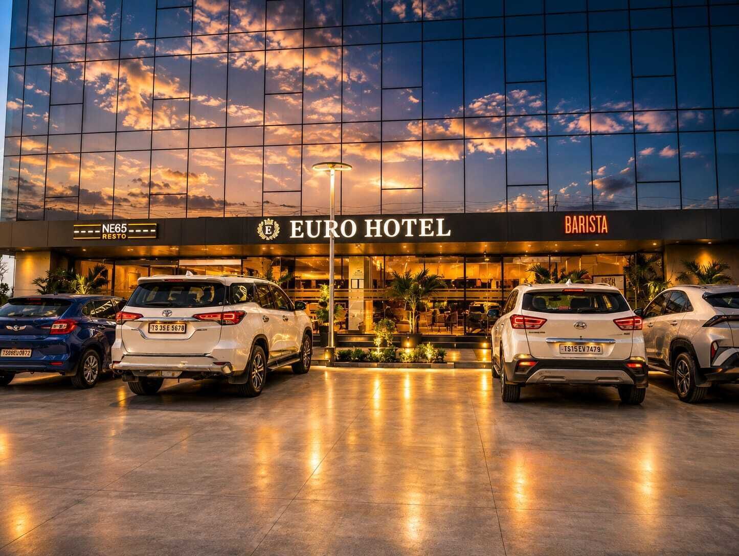Um hotel moderno com fachada de vidro que reflete o céu.