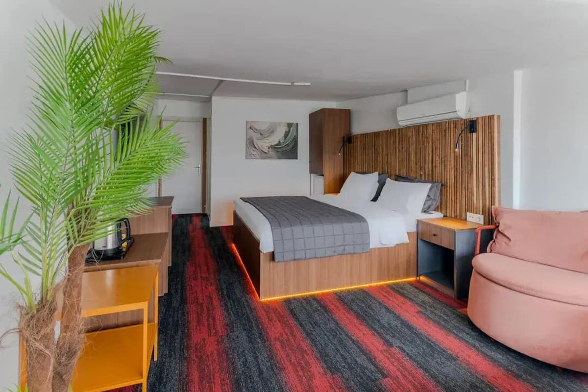 Quarto de hotel moderno com cama, mesa de cabeceira, escrivaninha, cadeira, planta e ar condicionado fixado na parede.