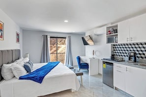 Quarto com cama, escrivaninha e área de cozinha equipada com lava-louças e micro-ondas.