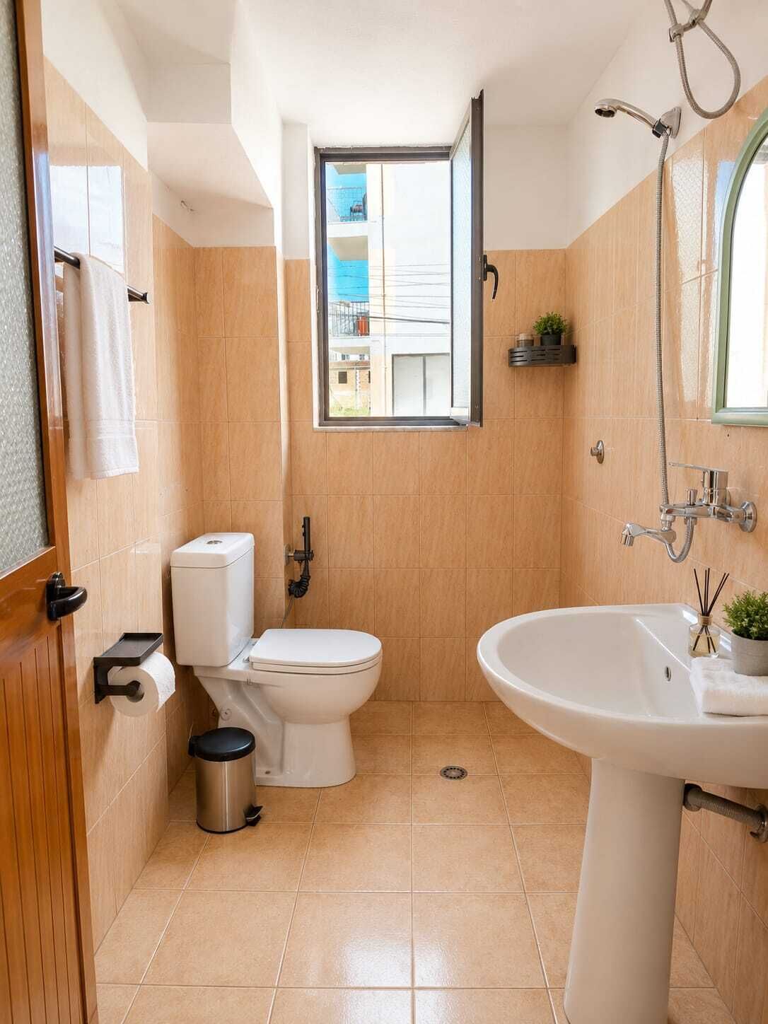 Quarto casal família, sacada, vista para a cidade | Banheiro | Chinelos, toalhas de banho