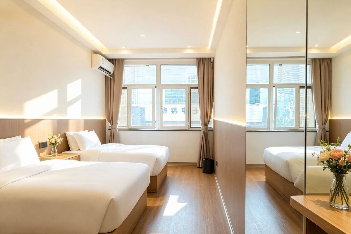 Quarto de hotel com duas camas, um espelho grande, uma mesa de cabeceira com um vaso e uma janela com cortinas.