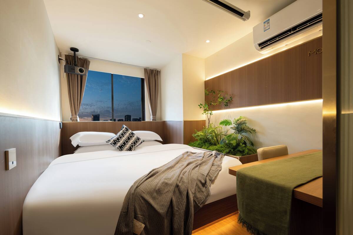 Quarto de hotel moderno com cama grande, escrivaninha, planta e janela com cortinas.