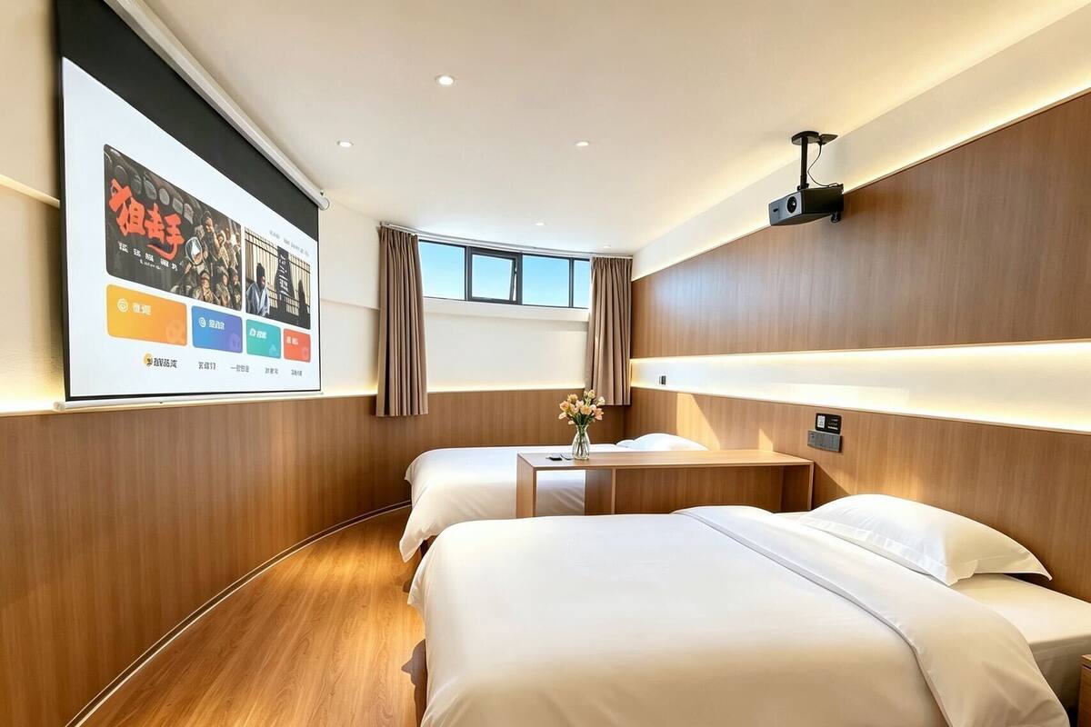 Quarto de hotel com duas camas, uma tela grande exibindo um cartaz de filme, uma mesa com um vaso de flores e uma janela com cortinas.