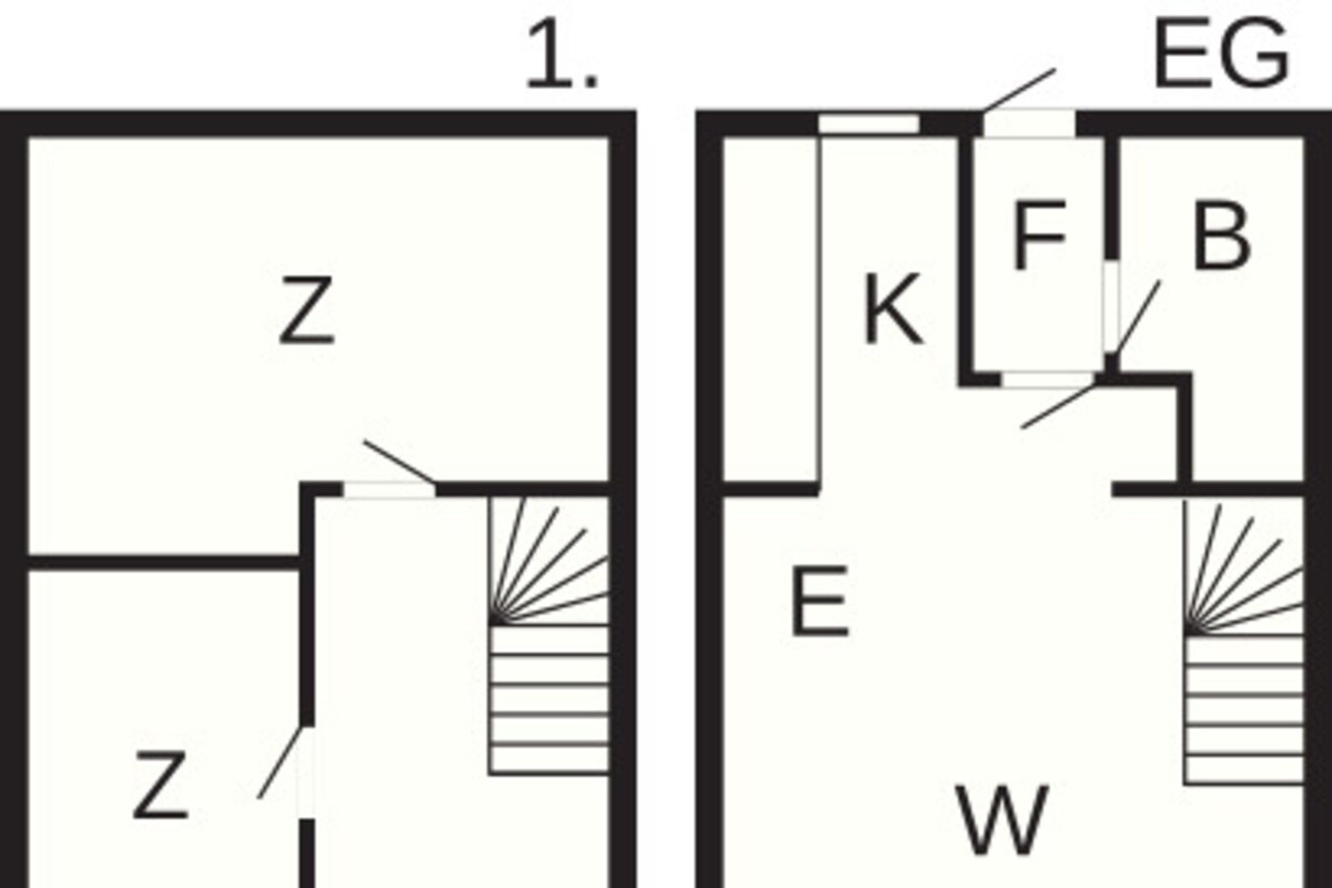 Dois plantas baixas com quartos identificados: Z, K, E, W, TE e BG.