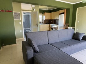 Uma sala de estar com um sofá cinzento, uma área de cozinha com armários de madeira e um banheiro com chuveiro e vaso sanitário.