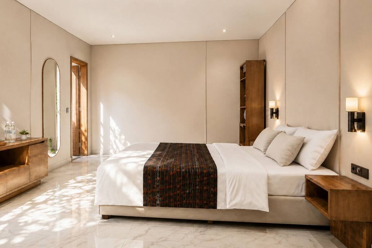 Quarto moderno com uma cama grande, mesas de cabeceira de madeira, um guarda-roupa embutido e um espelho grande.