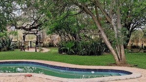 Uma piscina rodeada por um deck de tijolos, com uma pérgula e vegetação exuberante ao fundo.