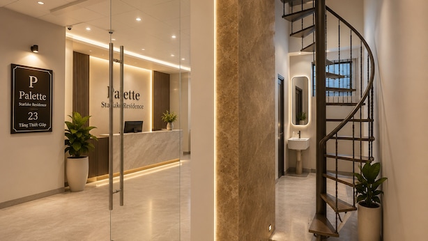 Uma área de recepção com balcão, um aviso com 'Starlake Residence 23' e uma escadaria com corrimão de metal.