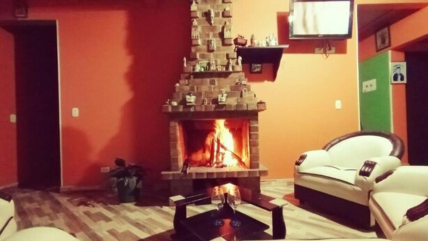 Uma sala de estar com lareira, televisão e sofá.