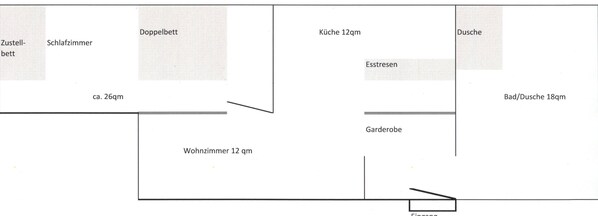 Planta baixa com quartos identificados, incluindo um quarto, banheiro, cozinha e sala de estar.