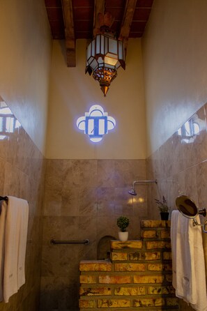 Casa de banho com chuveiro, porta-toalhas, planta em vaso e luminária na parede.