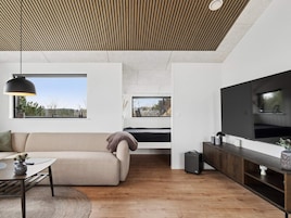 Uma sala de estar moderna com um sofá, uma mesa de centro, uma TV e teto de madeira.