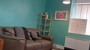 Sala de estar com paredes verde-água, um sofá marrom, um radiador branco e uma janela com cortinas brancas.